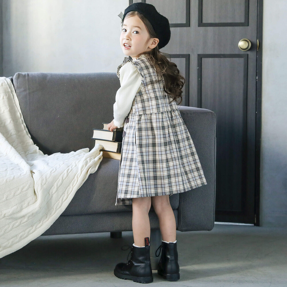 【お揃い】飾りベルト付きチェック柄ジャンパースカート(90~140cm)(140cm ネイビー系): ワンピース【べべモール公式】-子供服べべの公式通販サイト 「BEBE MALL」